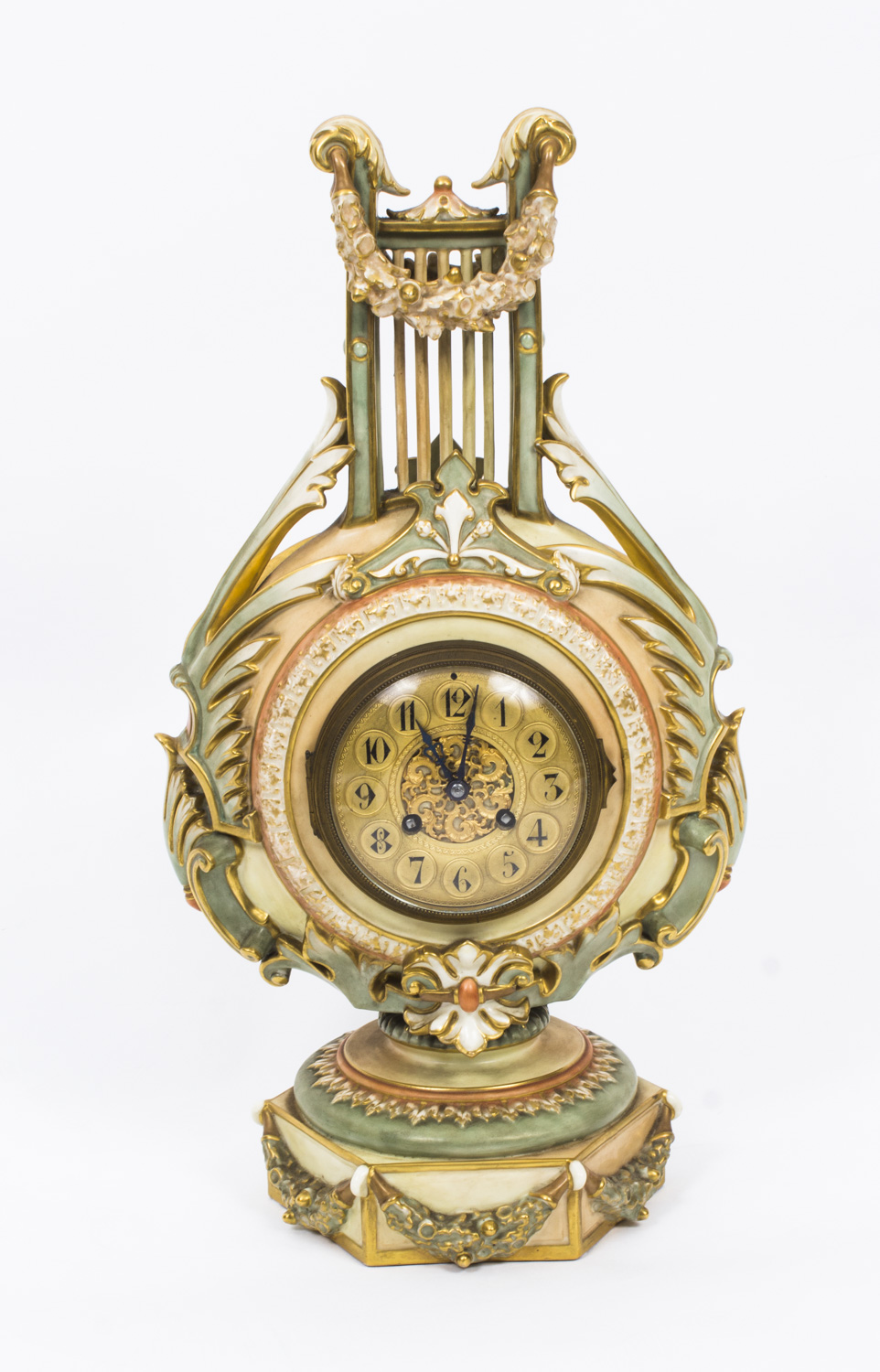 Antique Rare Royal Worcester Blush Porcelain Lyre Cased Mantle Clock ...
