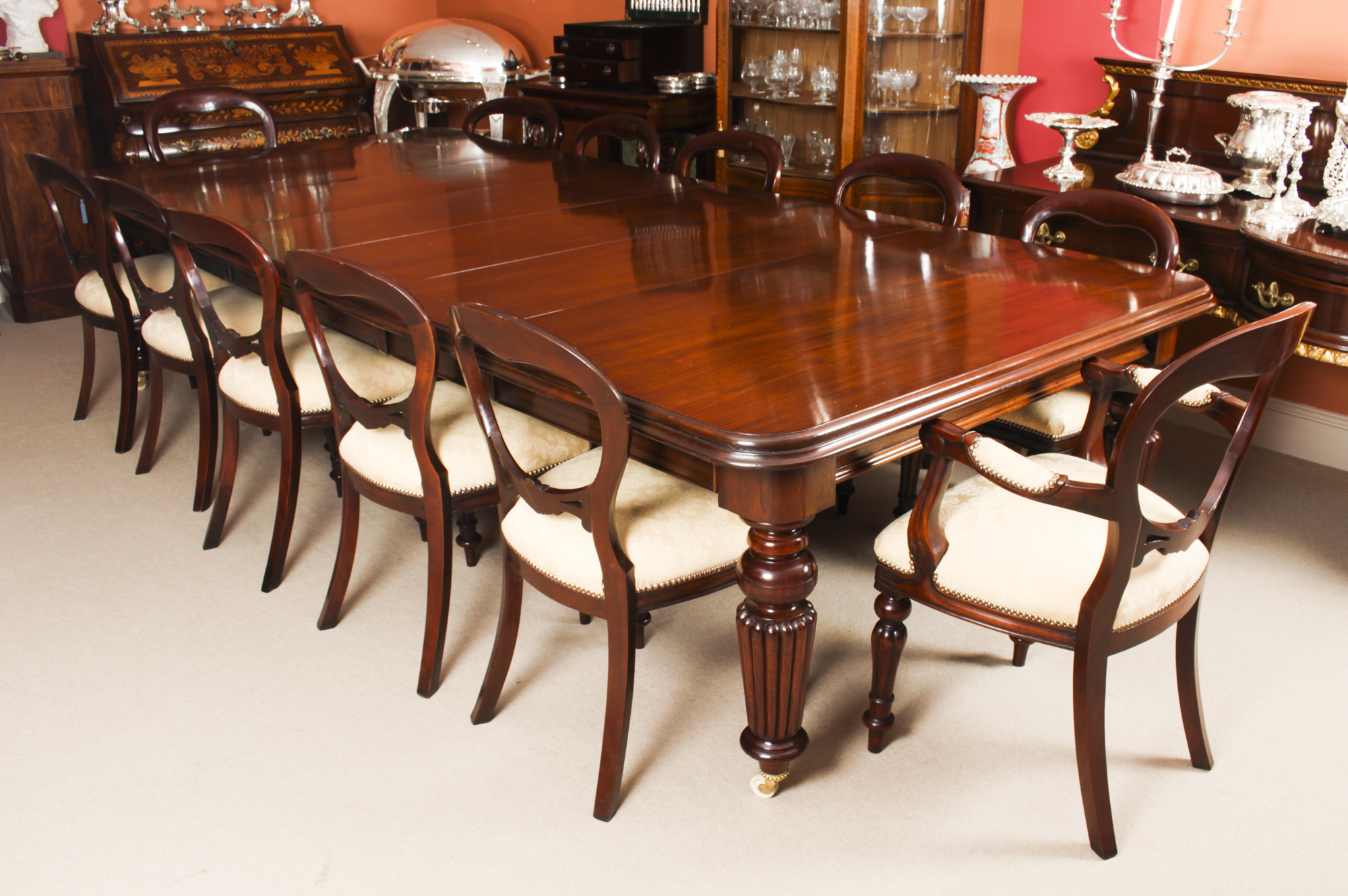 Antique 12ft Mahogany Dining Conference Table c.1850 & 12 Chairs | Barnebys